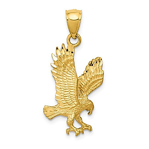 Solid 14k Yellow Gold Diamond-cut Eagle Brushed Matte Finish Pendant Charm - 27mm x 14mm