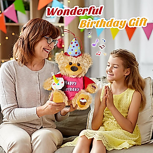 Houwsbaby 13.5'' Birthday Teddy Bear Interactive Stuffed Animal Electric Singing Musical Plush Toy with Cupcake, Glow Candle Teddy Bear Presents for Kids Girls Boys Birthday Holiday