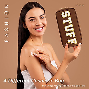 Cunno 4 Pcs Preppy Makeup Bags Chenille Letter Stuff Bag Nylon Cosmetic Pouch Cases with Zipper for Women Travel Toiletry(Brown Set,Vivid)