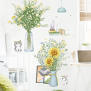 Sunflower Vase Plants Wall Sticker Cute Cat Rabbit Decor, Removable Daisy Flower Green Leaf Wallpaper Decals, AUHOKY Garden Potted DIY Art Mural for Living Room Bedroom Kitchen Nursery Home Decoration