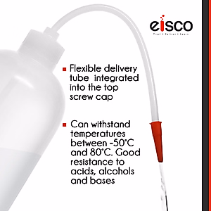 EISCO Wash Bottle, 1000ml - Polyethylene - Translucent, Unbreakable - Screw Cap with Flexible Delivery Tube for Dispensing Liquid - Includes Tube Cap