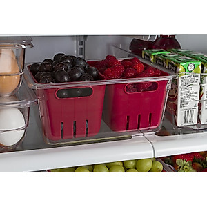 Kitchen Spaces KSDCB12-AMZ Twin Colander Stackable Food Storage Organizer for Fridge, Freezer, and Pantry, 8.8" x 6.8" x 3.9", Red & Clear