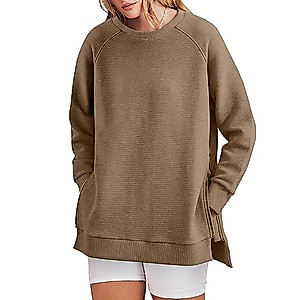 ANRABESS Women's Fall Casual Soft Long Sleeves Sweatshirts Pullover Tunic Tops Split Blouse with Side Zipper Teen Girls Trendy 2023 A1073-kaqi-L Khaki