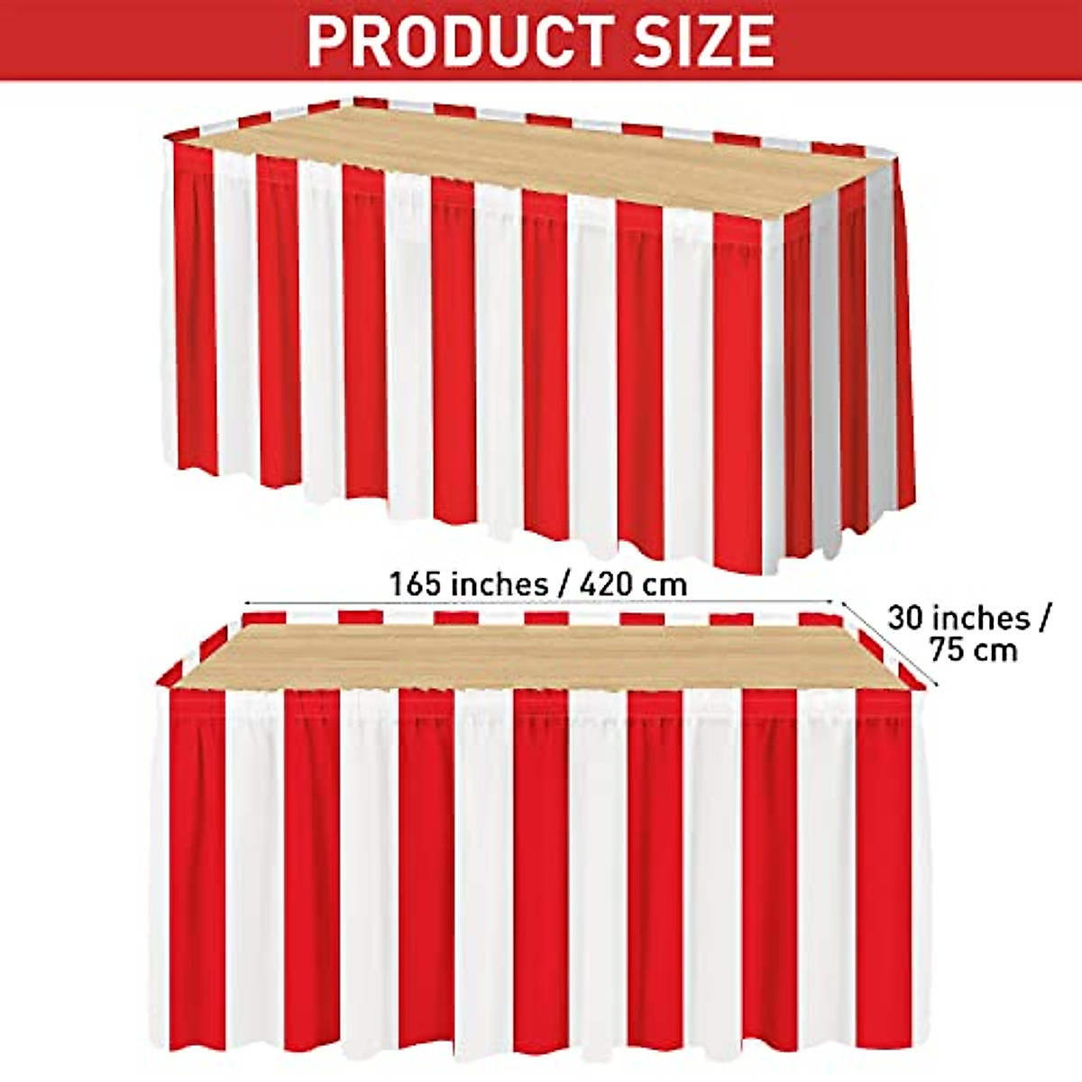 durony 2 Packs Red and White Striped Table Skirt Circus Theme Party Supplies Carnival Table Skirt for Carnival Home Party Decoration, 165 x 30 Inches