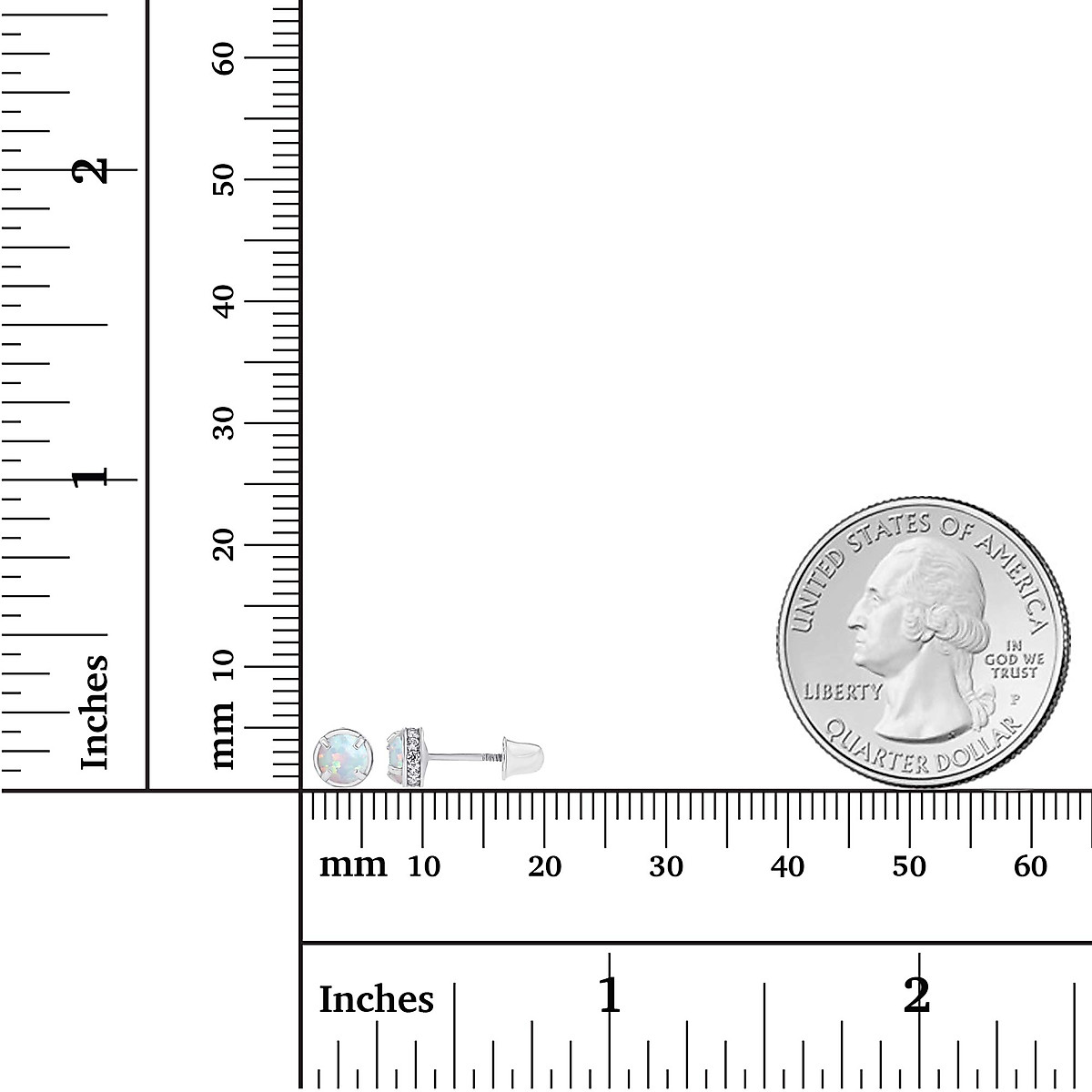 Solid 14K White Gold 4mm Created Opal October Birthstone Screwback Stud Earrings For Women | 5mm Basket Earrings | 1mm Created White Sapphire Screwback Earrings For Women