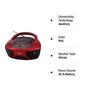 Jensen CD-475R Portable Sport Stereo Boombox CD Player with AM/FM Radio and Aux Line-in & Headphone Jack (Red)