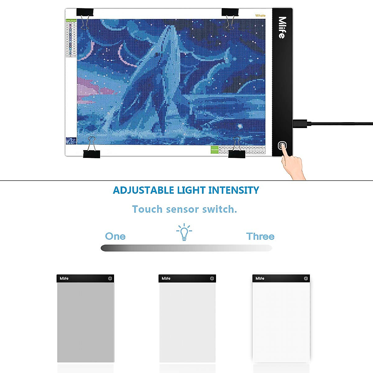Mlife A4 LED Light Pad - Diamond Art Light Box Tracing Light Board with 3 Brightness, Ideal for Sketching, Animation, Drawing Light Box with 4 Fasten Clips
