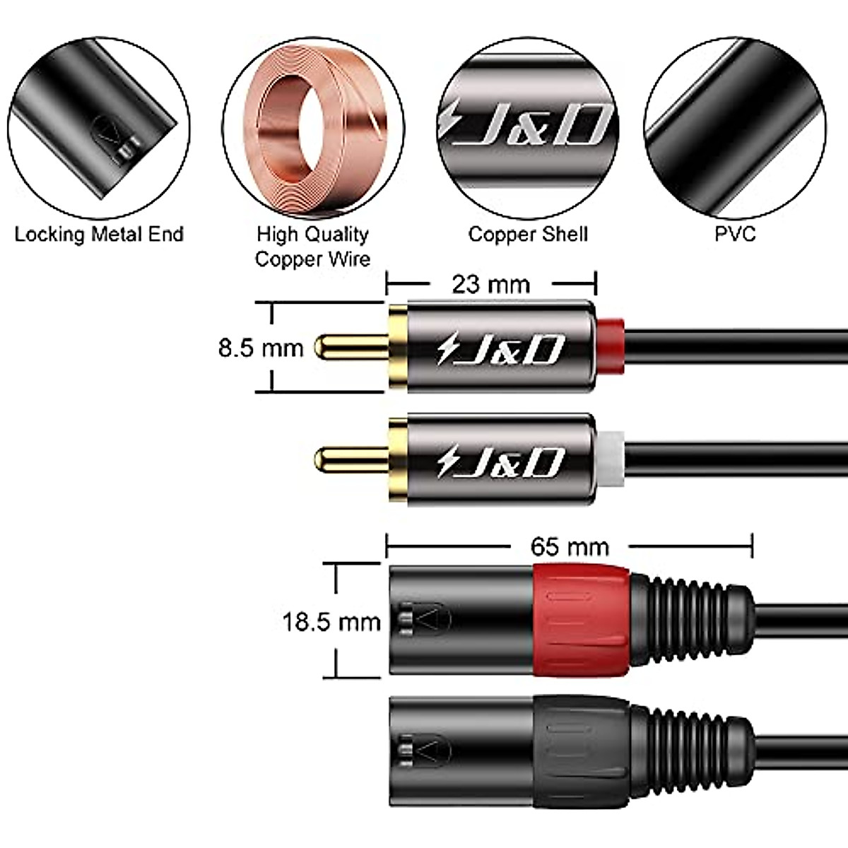 J&D 2 RCA to XLR Male Cable (6 Feet), Unbalanced Dual XLR to RCA Male Connection Cable for Speakers, Amplifiers, HiFi Stereo Audio Systems