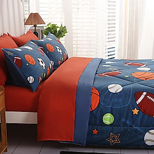 lwfushi Sports Comforter Set Blue Ball Bedding Set Full Size Baseball Basketball Soccer Tennis Bed Set for Teens Kids (1 Comforter,1 Flat Sheet,1 Fitted Sheet,2 Pillowcase and 2 Pillow Sham)