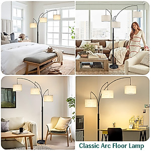 Floor Lamps for Living Room, 3-Light Dimmable Arc Tall Standing Floor Lamp with Adjustable Hanging Fabric Shades, Modern Floor Lamp with Marble Base for Bedroom Office, 3 LED Bulbs Included