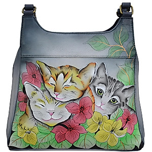 Anna by Anuschka Women's Hand-Painted Leather Triple Compartment Satchel, Three Kittens