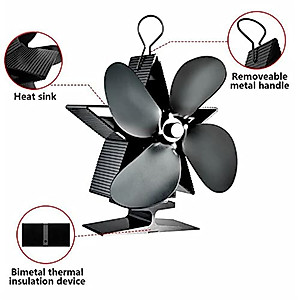 UXZDX CUJUX 4 Blades Heat Powered Stove Fan Burner Eco Fan Quiet Home Fireplace Fan Efficient Heat Distribution (Color : Black, Size : 172MM)
