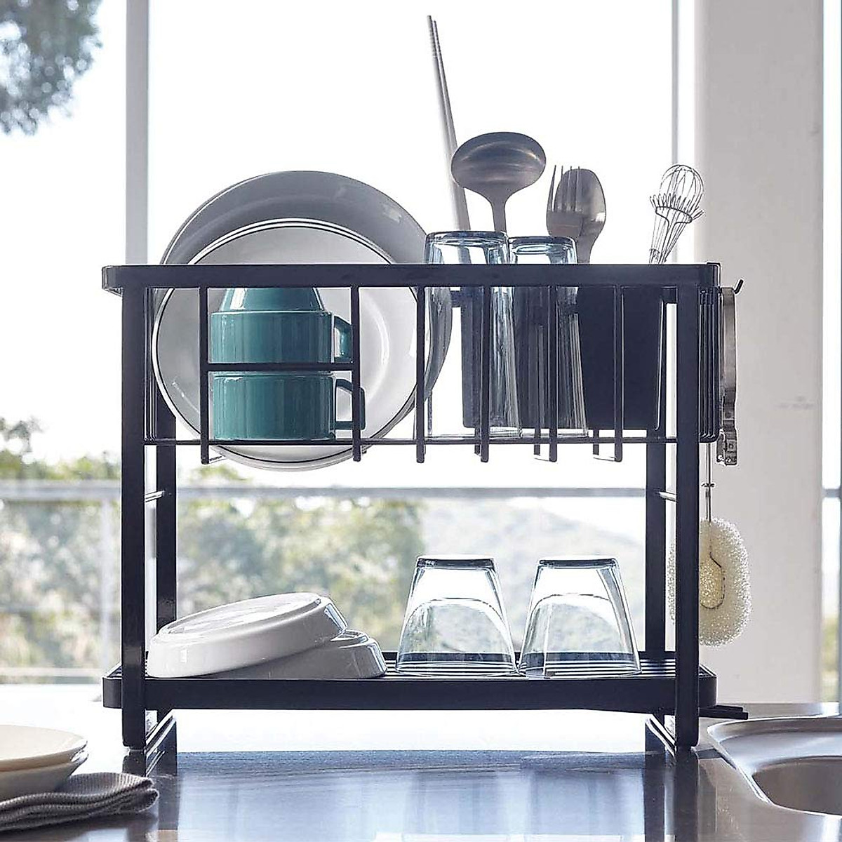 YAMAZAKI Home Tower Two-Tier Adjustable Dish Drainer Rack, Compact Drying Rack with Hooks, Utensils Holder - Steel -