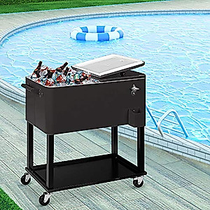 HomVent 80 Quart Rolling Cooler Cart, Outdoor Rolling Ice Chest on Wheels, Portable Patio Party Bar Drink Cooler Cart with Shelf and Bottle Opener (Black)