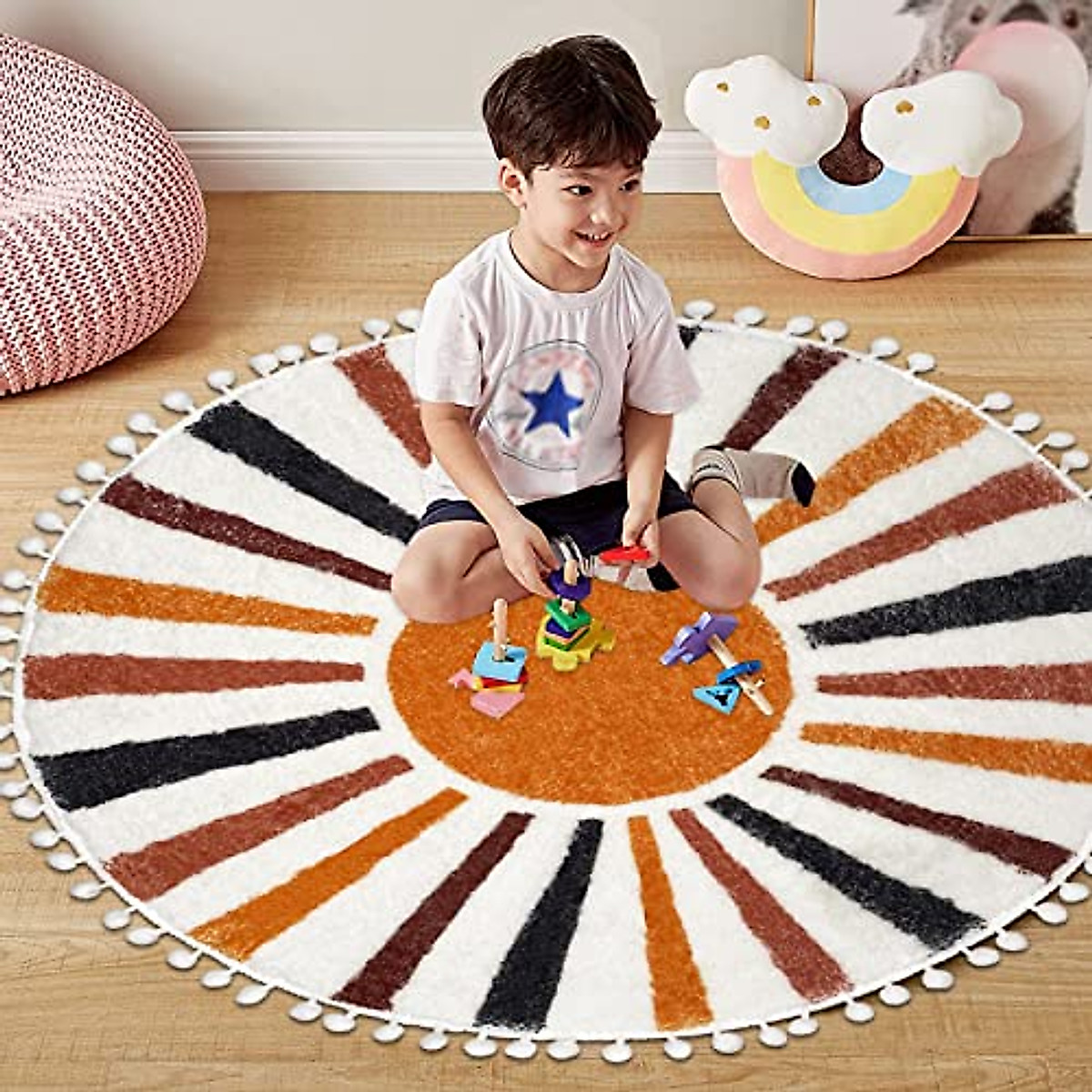Molili Sun Boho Area Rug for Bedroom 4ft, Modern Abstract Round Nursery Rugs for Kids Room Washable Soft Circle Non-Slip Floor Rugs for Living Room Laundry Room Bathroom Home Dorm Entryway