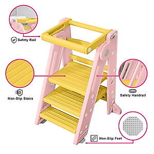 Toddler Standing Tower, Childs Kitchen Stool for Helping,Safety Rail, 2-3 Step Adjustable Ladder for Bathroom Sink & Kitchen Tower -Ages 18 Months to 4 Years (Pink)