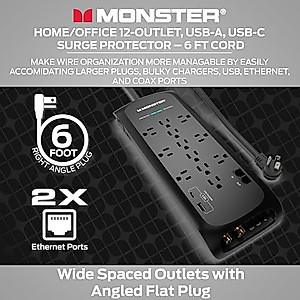 Monster Black Heavy Duty Surge Protector Power Strip 6 ft Cord with 12 120V-Outlet Extension, 2 Ethernet Switch Ports, 4050J Rating, 1 USB-A, and 1 USB-C Charging Ports – Ideal for Computers & Offices