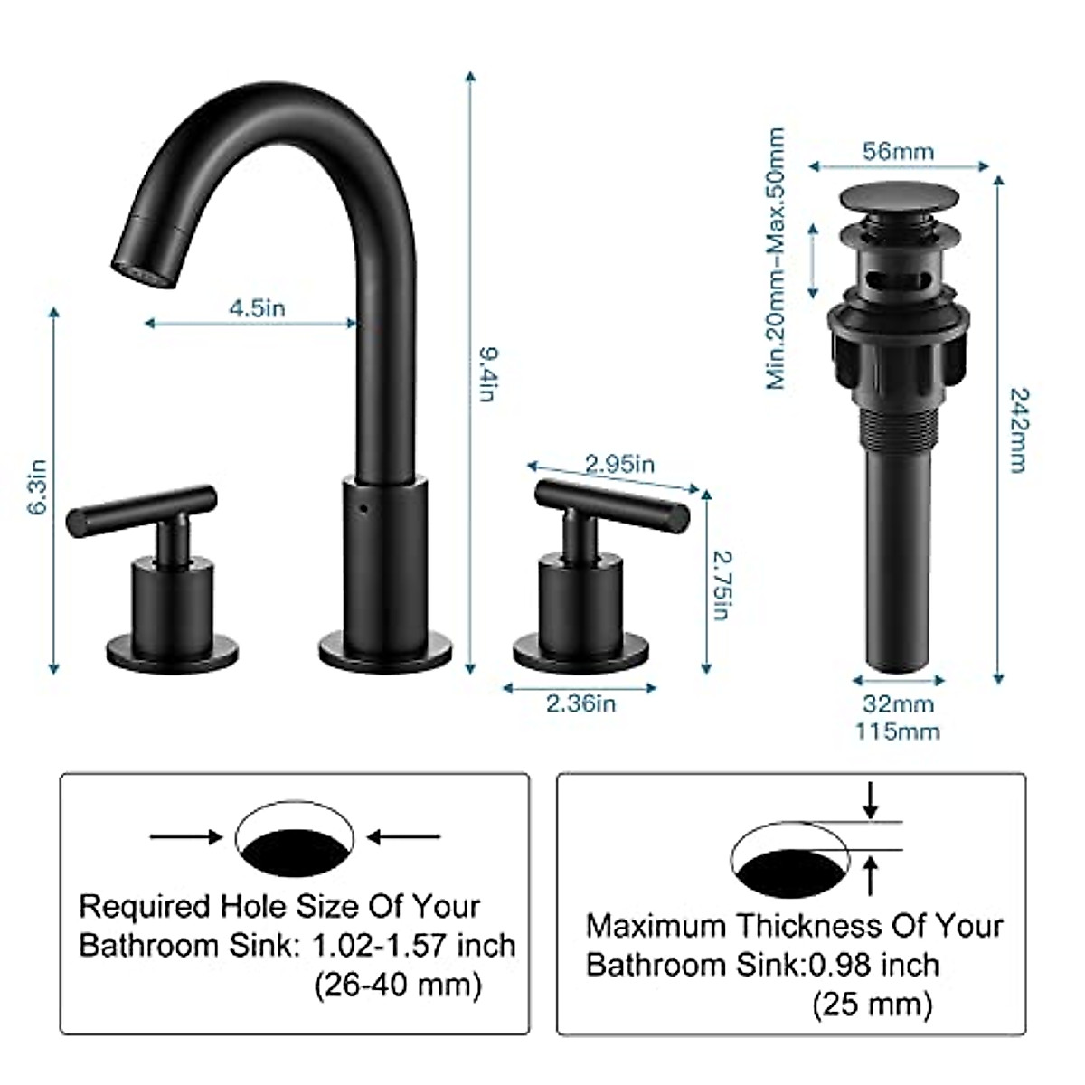 AIMOYO 2-Handle 8 inch Widespread Bathroom Sink Faucet, 3 Hole Matte Black Bathroom Faucet with 360°Swivel Spout, Pop Up Drain and High Arc, Modern Basin Faucet Mixer Taps, Deck Mount