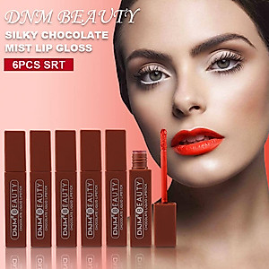 HAOYA 6 Pcs Chocolate Matte Lipstick Lipgloss Lip Gloss Stain Makeup Set, Deep Dark Red 24 Hour Stay on Matte Lipstick Long Lasting labiales matte mate larga duracion 24 horas originales Set02