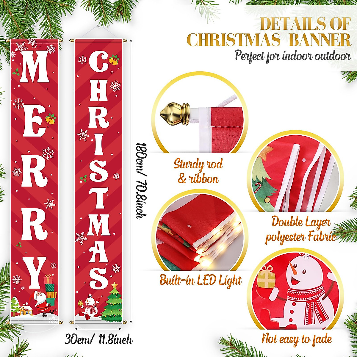 2 Pcs Christmas Hanging Porch Signs Banner with LED String Light Snowman and Santa Christmas Door Banner Xmas Banner for Indoor Outdoor Home Garage Wall Holiday Party Decorations (Snowflake)