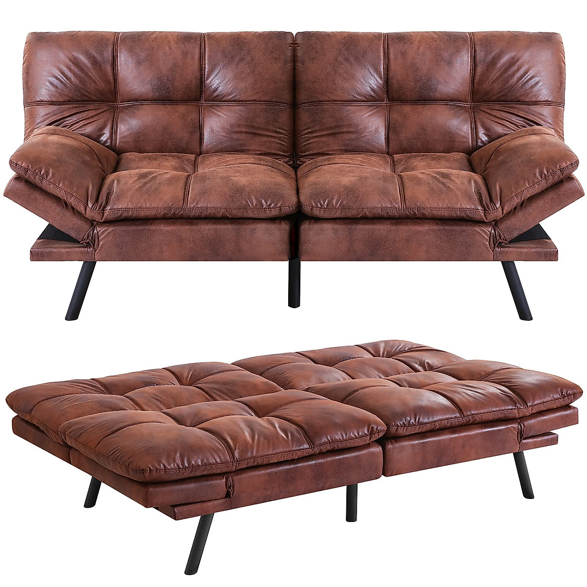 IULULU Brown Memory Foam Futon Couch Bed, Modern Folding Sleeper Sofa with Quick Adjustable Armrest and Backrest for Studio Apartment, Dorm, Living, Guest Room, Home Office