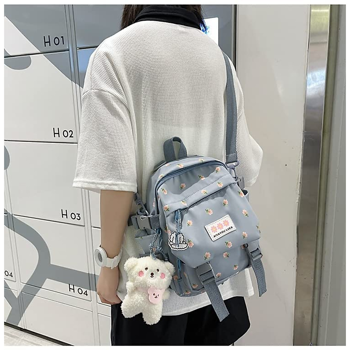 AONUOWE Mini Floral Aesthetic Backpack Cute Japanese School Bag Small Kawaii Backpack with Plush Accessories (Blue)