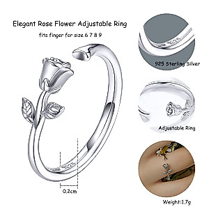 BISAER 925 Sterling Silver Rose Flower Ring for Women Adjustable Stacking Wedding Engagement Rings