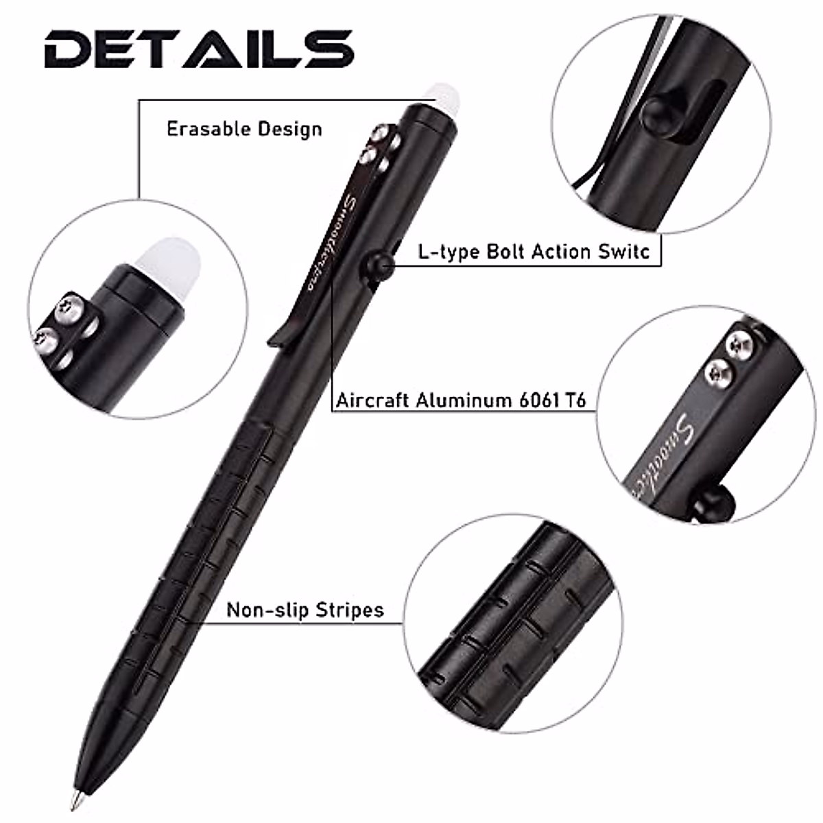 SMOOTHERPRO Erasable Bolt Action Pen Compatible with Pilot FriXion Refill Stainless Steel Pocket Clip Refillable Retractable Pen for Office School Calligraphy Practice Black (SAF150)
