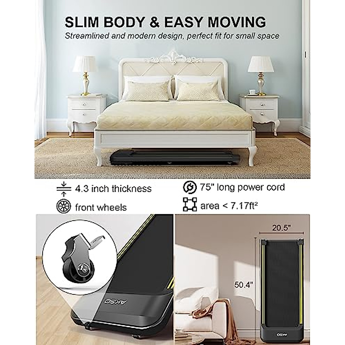AKSO Walking Pad Under-Desk Treadmill, 300lbs Capacity, Quiet 3.8mph, LED Display Remote Control &APP, Portable Mini Desk Treadmill for Home Office Small Apartment