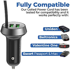 Radar Detector Power Cord with Dual USB Charger Ports - Replacement Power Adapter Compatible with Valentine One, Escort, Passport, Uniden R3/R4/R7/R8, and Beltronics Radar Detectors