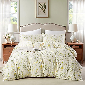 Jolusere Botanical Floral Duvet Cover Twin Size 100% Organic Cotton Duvet Cover Set for Kids Girls Cream White Duvet Cover with 1 Pillowcase(Twin,No Comforter)