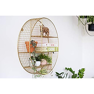 kimisty Gold Round Wall Shelf, 20 Inch Extra Large, Circular Bathroom, Bedroom Floating Shelves, Circle Brass Geometric Wall Art, Boho Metal Wire Mesh Sconce & Crystal Shelf