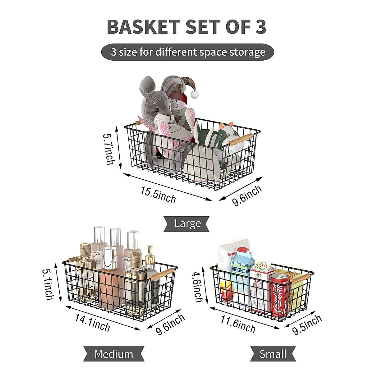 YOUVIP Wire Storage Baskets with Wooden Handles, 3 Pack Metal Organizer Baskets for Kitchen, Pantry, Freezer, Laundry,Farmhouse,Bathroom Baskets for Organizing,Black (1 Small, 1 Medium, 1 Large)