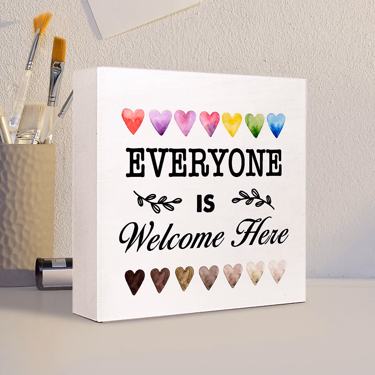 Everyone Is Welcome Here Wooden Box Sign Desk Decor,Classroom Welcome Sign,Back to School Welcome Sign,Welcome Sign for Classroom Shelf Decor
