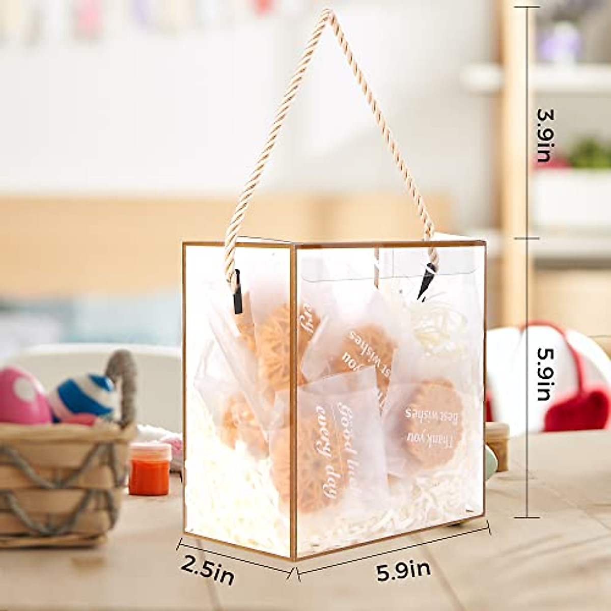 Atenzol Clear Box with Lid Handle (5PCS), 5.5x3x5.5 Candy/Cookie/Favor/Gift Box, Golden Lining, Blank without Writing