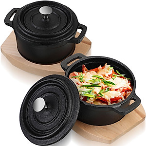 Suttmin 2 Sets Mini Dutch Oven Pot with Lid and Wooden Base Pre Seasoned Cast Iron Casserole Mini Cast Iron Pot Round Cocotte with Handle Heavy Duty Casserole Dish for Grill Oven, Black（8 oz）