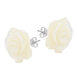 Delicate Pure White Rose Carved from Mother of Pearl Stud Earrings