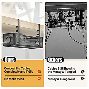 Under Desk Cable Management Tray Black, Cinati Cable Management Under Desk No Drill, Cable Tray with Clamp for Desk Wire Management,Desk Cable Management Box for Office, Home - No Damage to Desk
