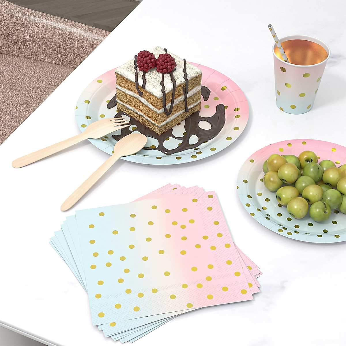 Dn Dennov 168PCS Pink and Gold-Pastel Party Supplies, Severs 24 Disposable Party Dinnerware Include Paper Party Plates,Cups,Napkins,Straw,Wooden Fork Spoon for Wedding,Christmas(Trompe l'oeil Gold)