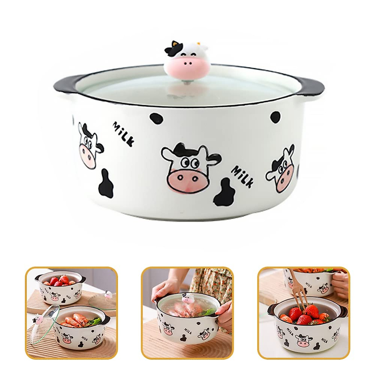 BESTonZON Ceramic Soup Bowl Soup Crock with Handles and Lid Cute Cow Design Casseroles Dishes Serving Bowls for Cereal Stew Chill Beef Stew Pot Pies Instant Noodle Oven Dishwasher Safe
