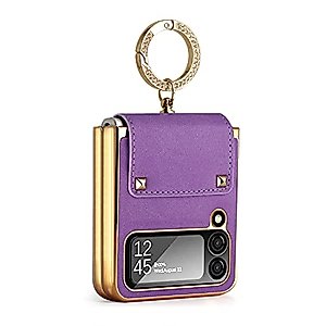 FNKJYND for Samsung Galaxy Z Flip 4 5G with Ring Holder,Luxury Leather Phone Cases with Bling Diamond Stand Flip Plating Golden Bumper Shockproof Protector for Galaxy Z Flip 4 5G 2022 Women Girls