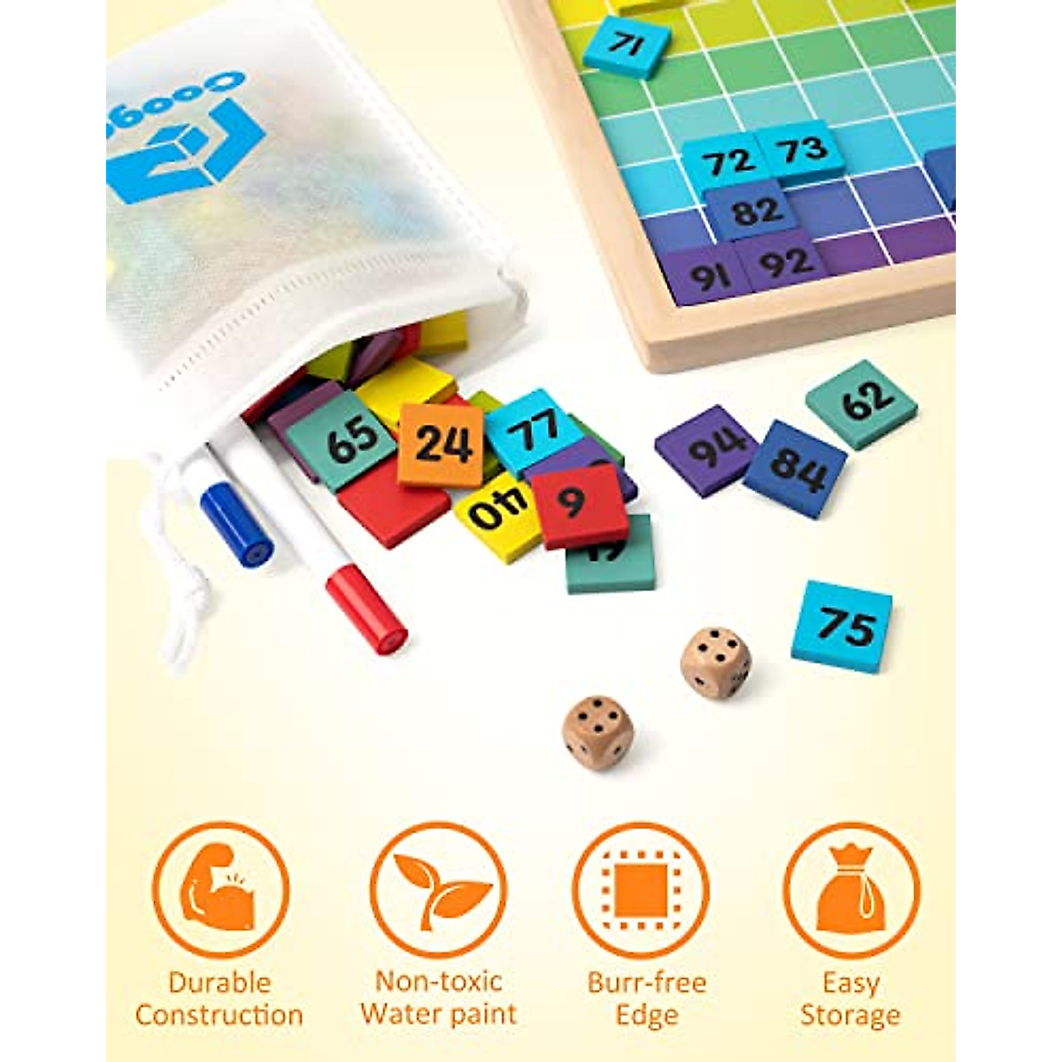Coogam Wooden Math Hundred Board 1-100 Numbers Learning Educational Toys Colorful Montessori Counting Board Game for Preschool 3 4 5 Year Old Boys Girls