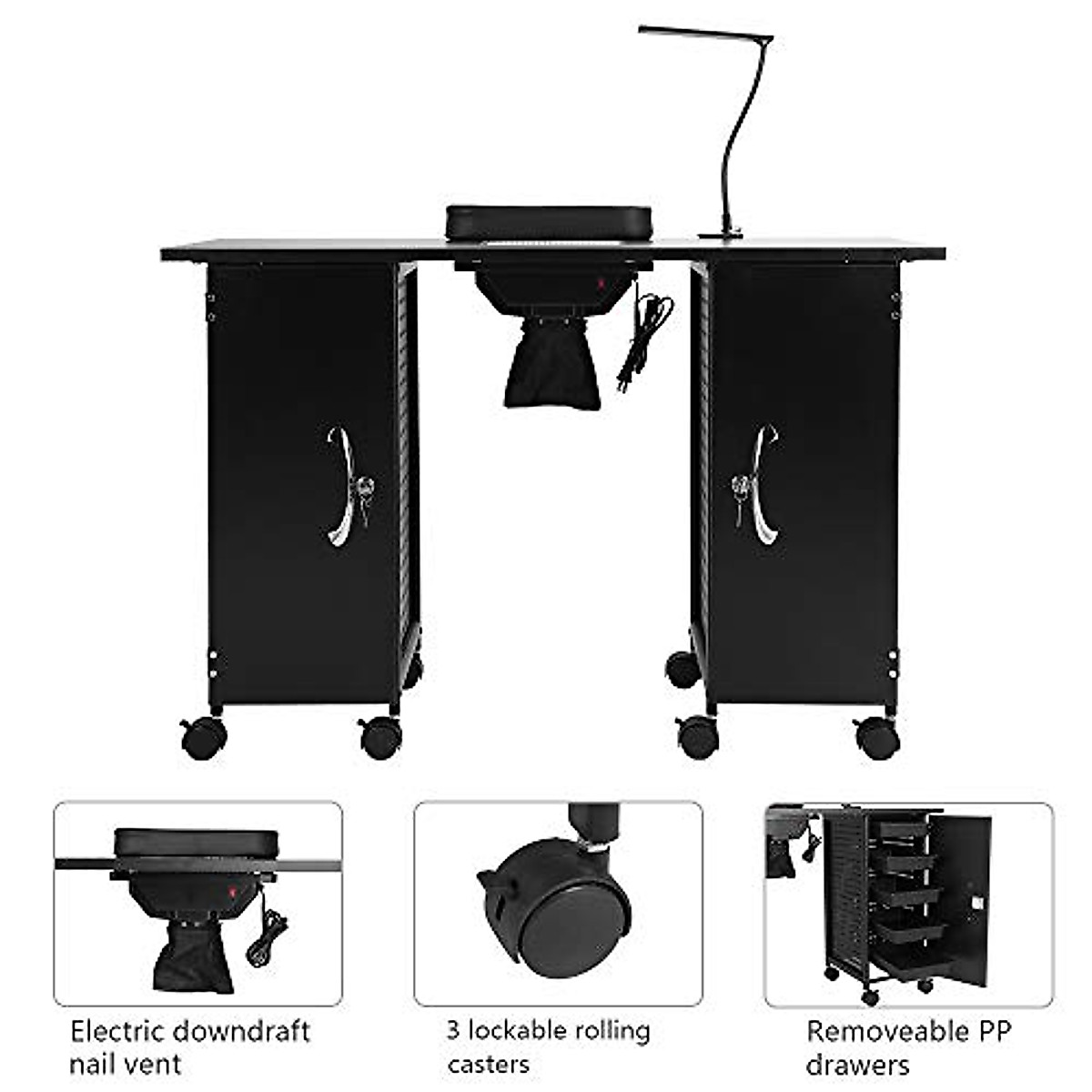 mefeir Manicure Table Nail Desk w/Electric Downdraft Vent,Iron Frame Beauty Spa Salon Workstation w/Wrist Rest,Lockable Cabinets,Casters & Clip-On LED Lamp,Black(43.3''L x 16.9''W x 29.5''H)