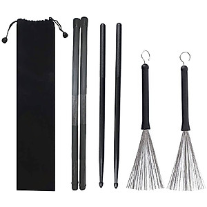 TUOREN 3 Pair Drum Brushes Drum Sticks Set 1 Pair Retractable Drum Wire Brushes 1 Pair Bamboo Rods Drum Brushes 1 Pair 5A Nylon Drumsticks Percussion Instrument Accessories with Portable Storage Bag