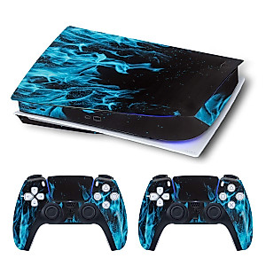 PS5 Skin for Console and Controller Skin Vinyl Sticker Decal Cover for Playstation 5 Console and Controllers - Compatible with Playstation 5 Digital Edition - Blue Fire