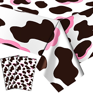 3 Pcs Pink Cowgirl Cow Print Table Cover Plastic Rectangle Cowgirl Farm Animal Theme Party Tablecloth Pink Black and White Cow Print Disposable for Kids Barnyard Baby Shower Birthday Party Supplies