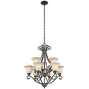 Kichler Camerena 34.5" Two Tier Chandelier in Olde Bronze®, 9-Light Traditional Dining Room Chandelier with White Scavo with Light Umber Inside Tint, (30" W x 34.5" H), 43226OZ