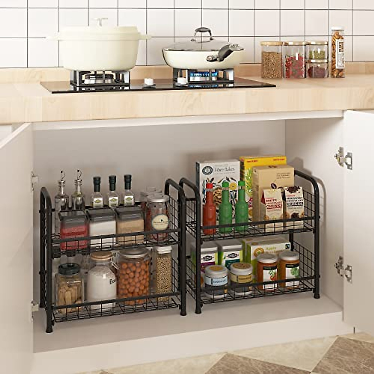 Multi-Purpose Under Sink Organizer, Bathroom Trays, Holders&Shelves Unit with Adjustable Feet, Metal Steel Storage Tower Organizer Rack Basket Cart for Bathroom, Living Room, Balcony, Kitchen