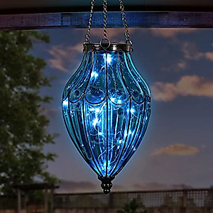 Exhart Outdoor Garden Solar Lights, Blue Glass Hanging Garden Lantern with Waving Metal Pattern, 15 LED Firefly Lights, 7.5 x 25 Inch
