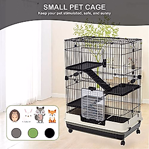 HomSof 4-Tier 32" Small Animal Metal Cage Height Adjustable with Lockable Casters Grilles Pull-Out Tray for Rabbit Chinchilla Ferret Bunny Guinea Pig Squirrel Hedgehog(Grey)